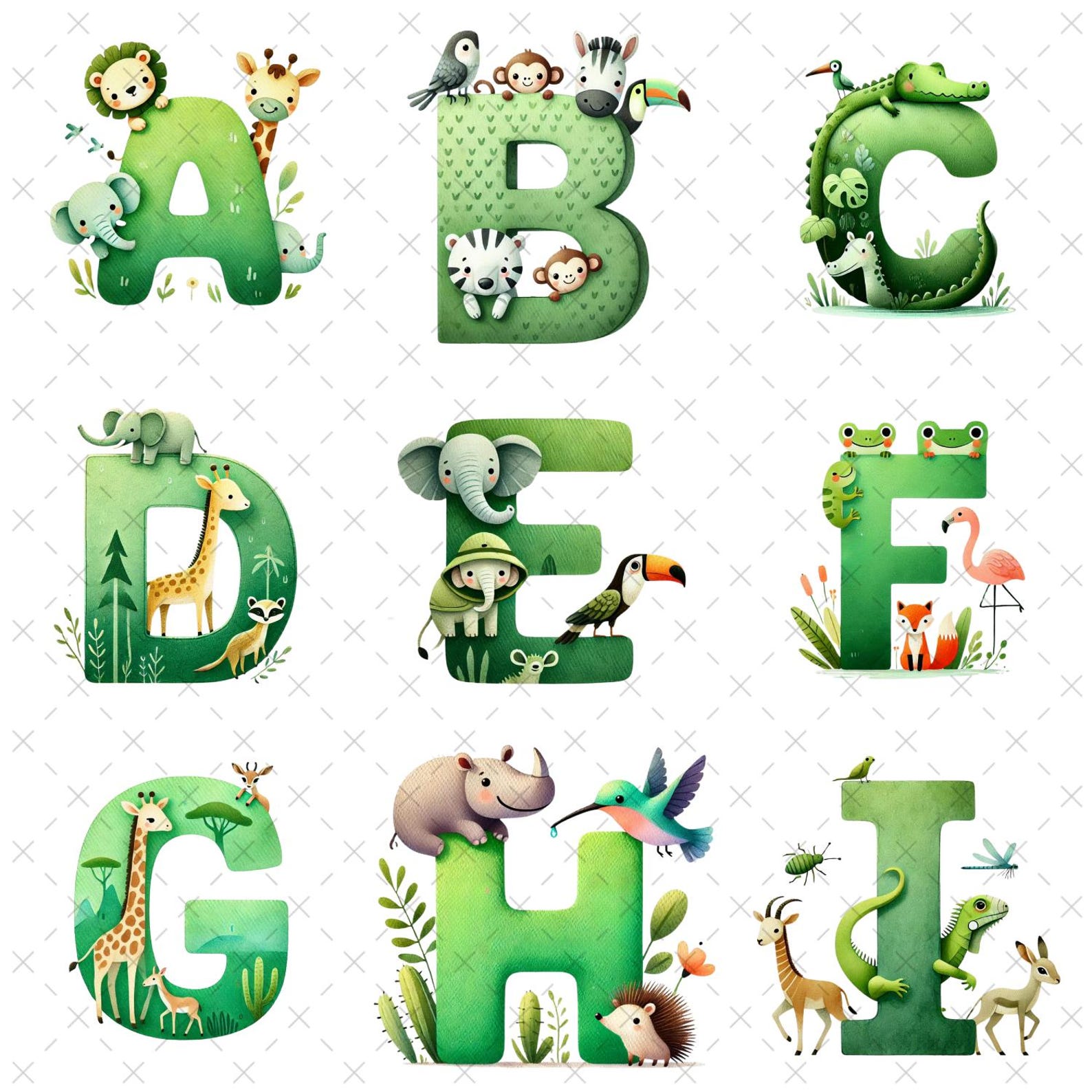 Safari Alphabet A-Z Clip Art Watercolor Alphabet Image File Animal ...