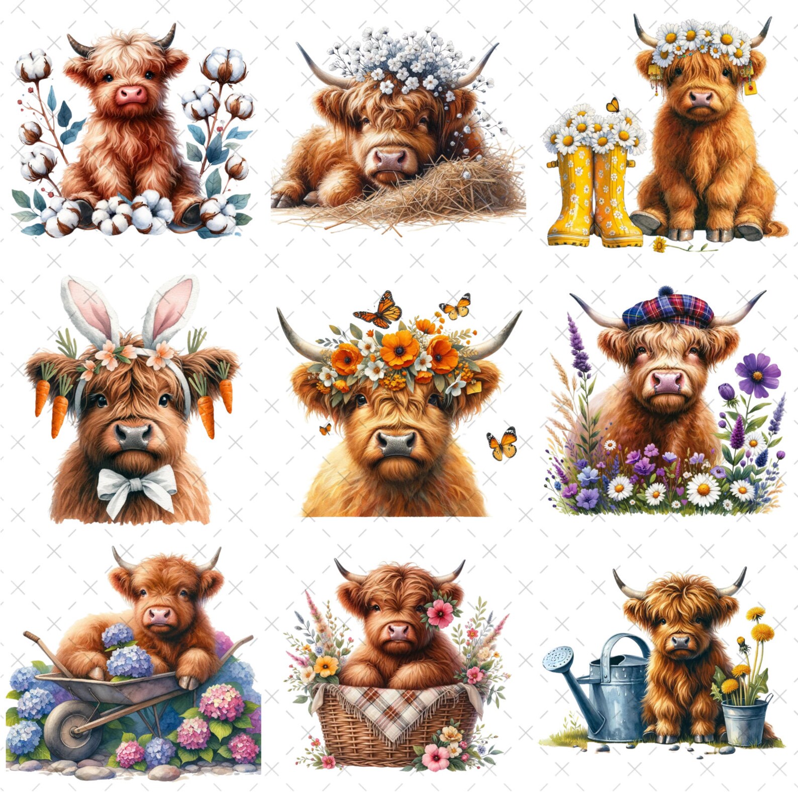 Spring Highland Cow Clipart Highland Cow Sublimation Watercolor ...