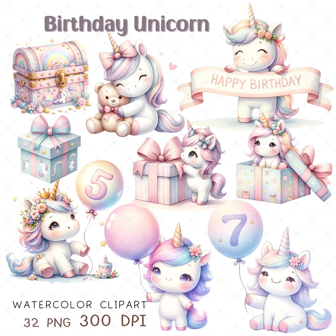 Birthday Unicorn PNG Soft Pastel Unicorn Clipart Unicorn Sublimation ...