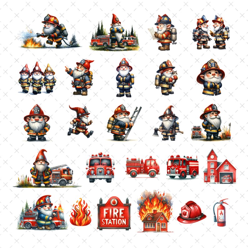 Fire Fighter Gnome Watercolor Clipart Nursery Wall Art Gnome Lovers ...
