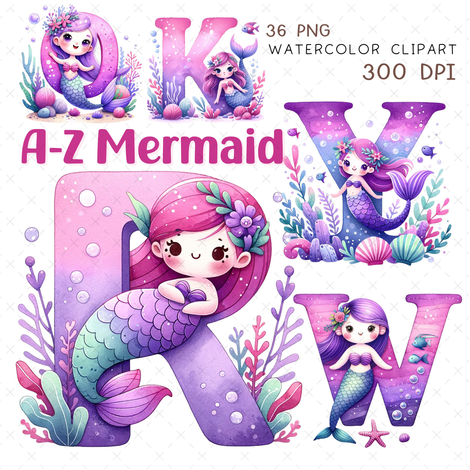 Mermaid Alphabet Clipart A-Z: PNG Image Files (digital Download) - Etsy
