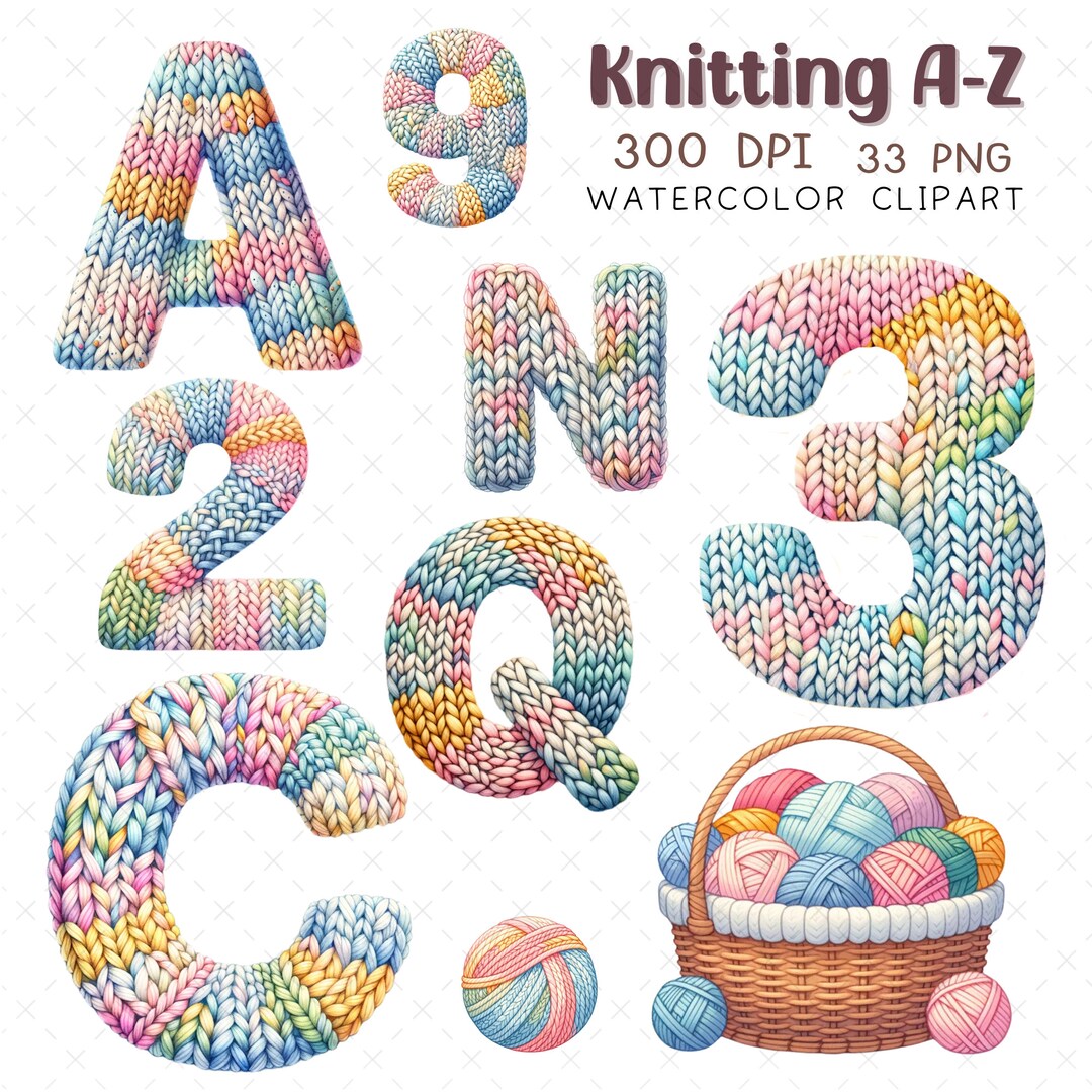 Knitting Alphabet A-Z Clip Art Watercolor Alphabet Image Files Knitted ...