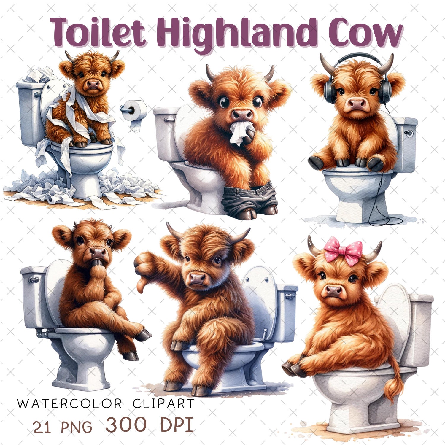 Toilet Highland Cow Png Watercolor Farm Animal Clipart Baby Highland ...