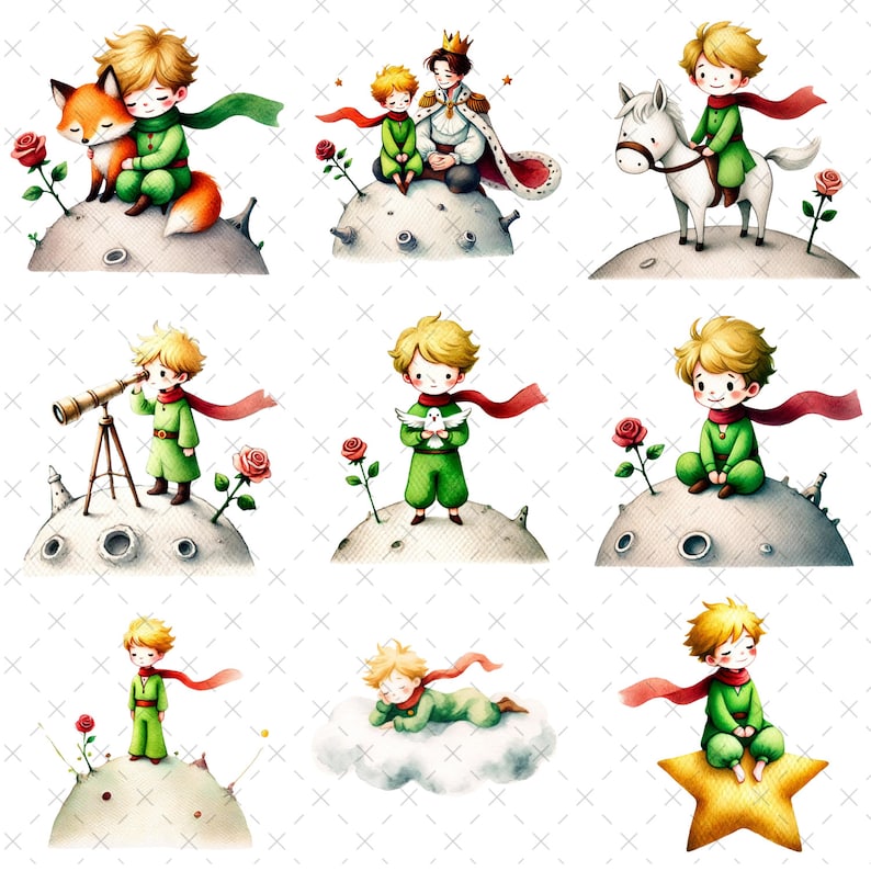 Little Prince Watercolor Clipart: Fairytale PNG Illustrations (digital ...