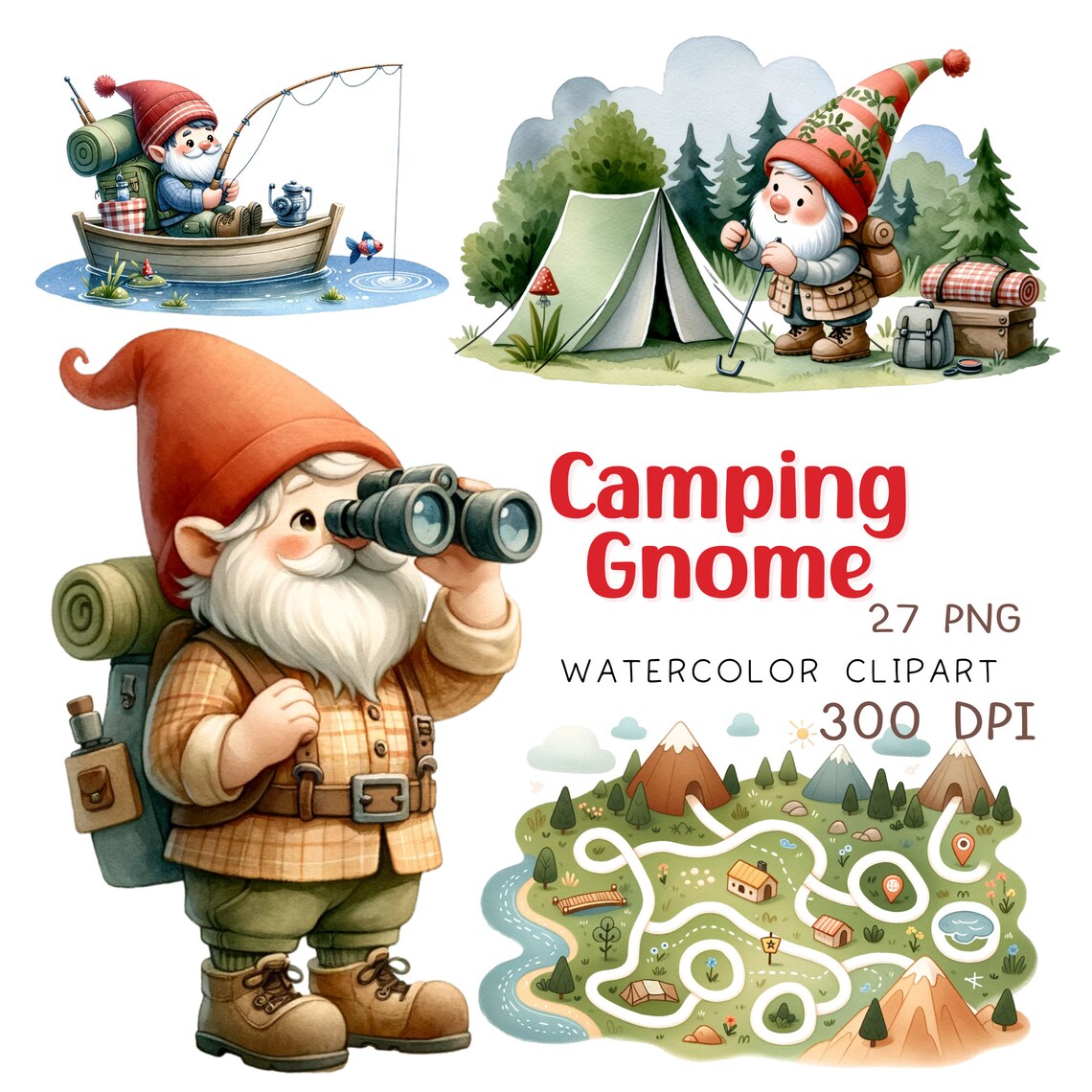 Camping Gnome Clipart: Watercolor Hiking Gnomes (25 PNG) - Etsy