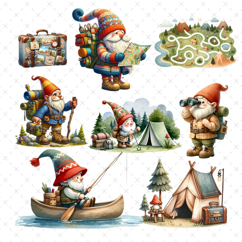 Camping Gnome Clipart: Watercolor Hiking Gnomes (25 PNG) - Etsy