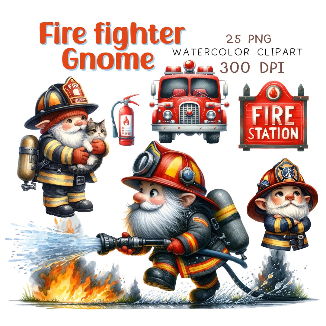 Fire Fighter Gnome Watercolor Clipart Nursery Wall Art Gnome Lovers ...