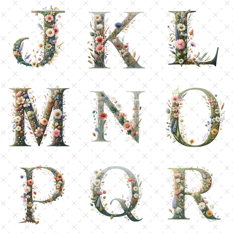 Wild Flower Alphabet Clip Art Watercolor Letter PNG Floral Alphabet ...