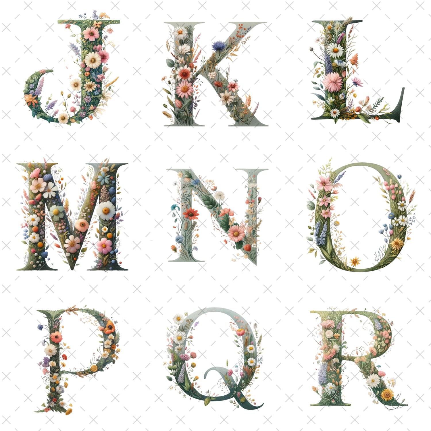 Wild Flower Alphabet Clip Art Watercolor Letter PNG Floral Alphabet ...