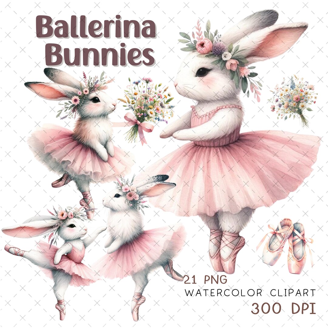 Ballerina Bunnies Clipart Watercolor Ballet PNG Baby Girl Ballerina ...