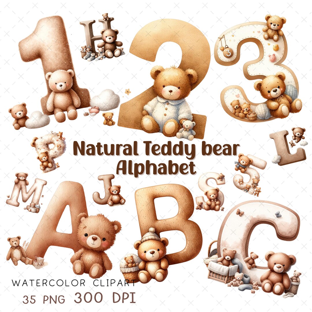 Natural Teddy Bear Alphabet Clipart Letter and Number Png Watercolor ...