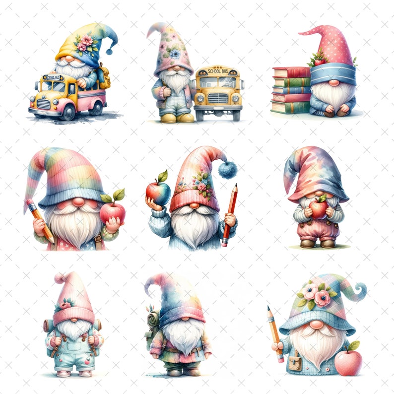 Watercolor Back to School Gnome Clipart: Pastel Colors (PNG Digital ...