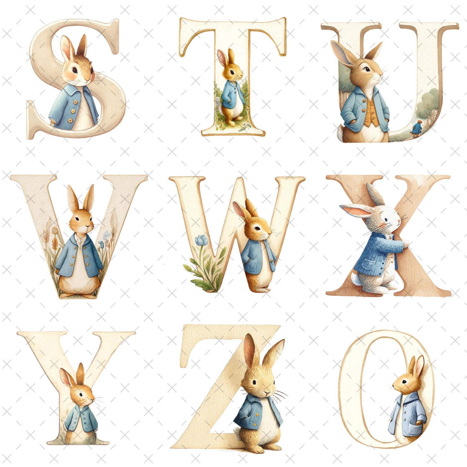 Peter Rabbit Alphabet Clipart, Watercolor Bunny Letters (PNG Digital ...