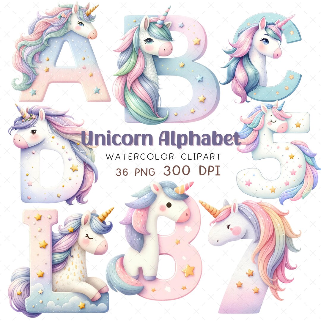 Unicorn Alphabet PNG Pastel Unicorm Clipart Letter and Number Image ...