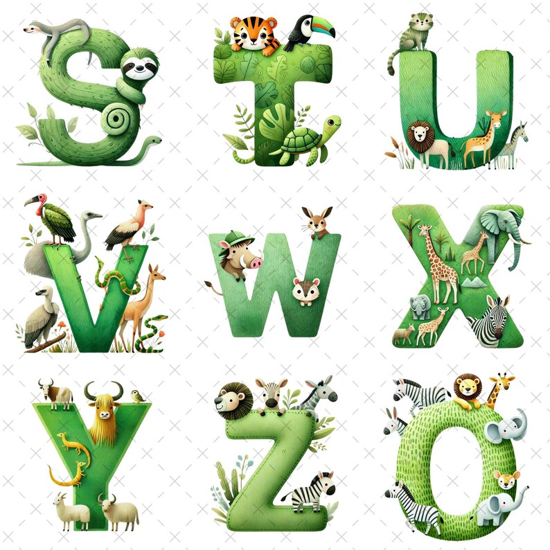 Safari Alphabet A-Z Clip Art Watercolor Alphabet Image File Animal ...