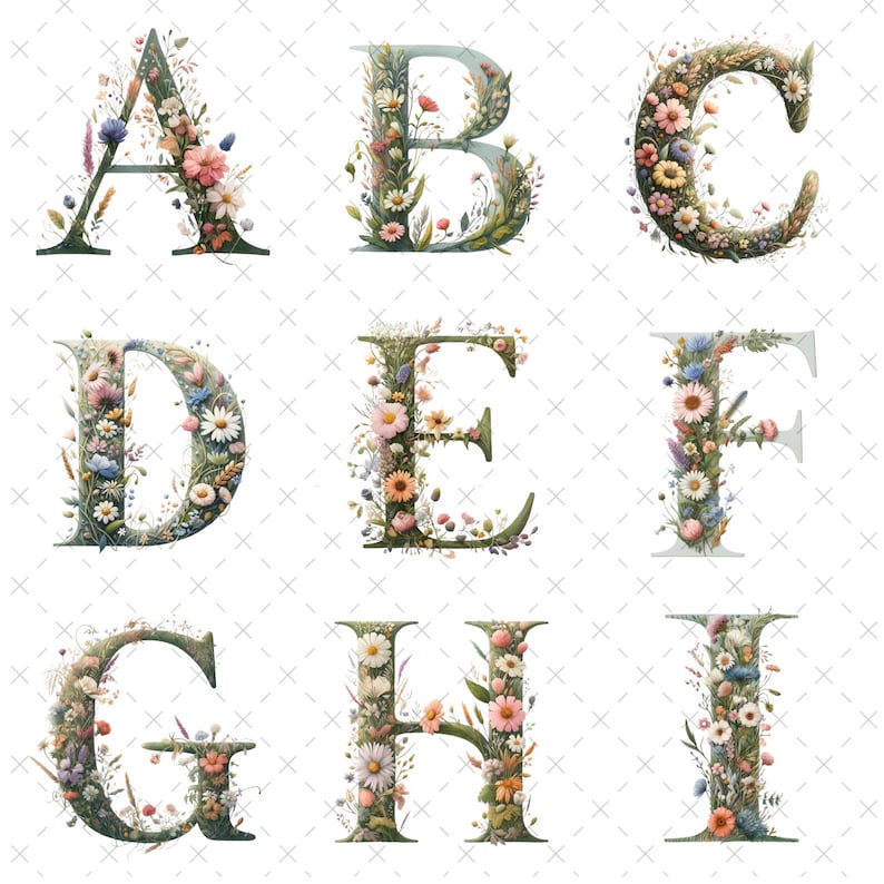 Wild Flower Alphabet Clip Art Watercolor Letter PNG Floral Alphabet ...
