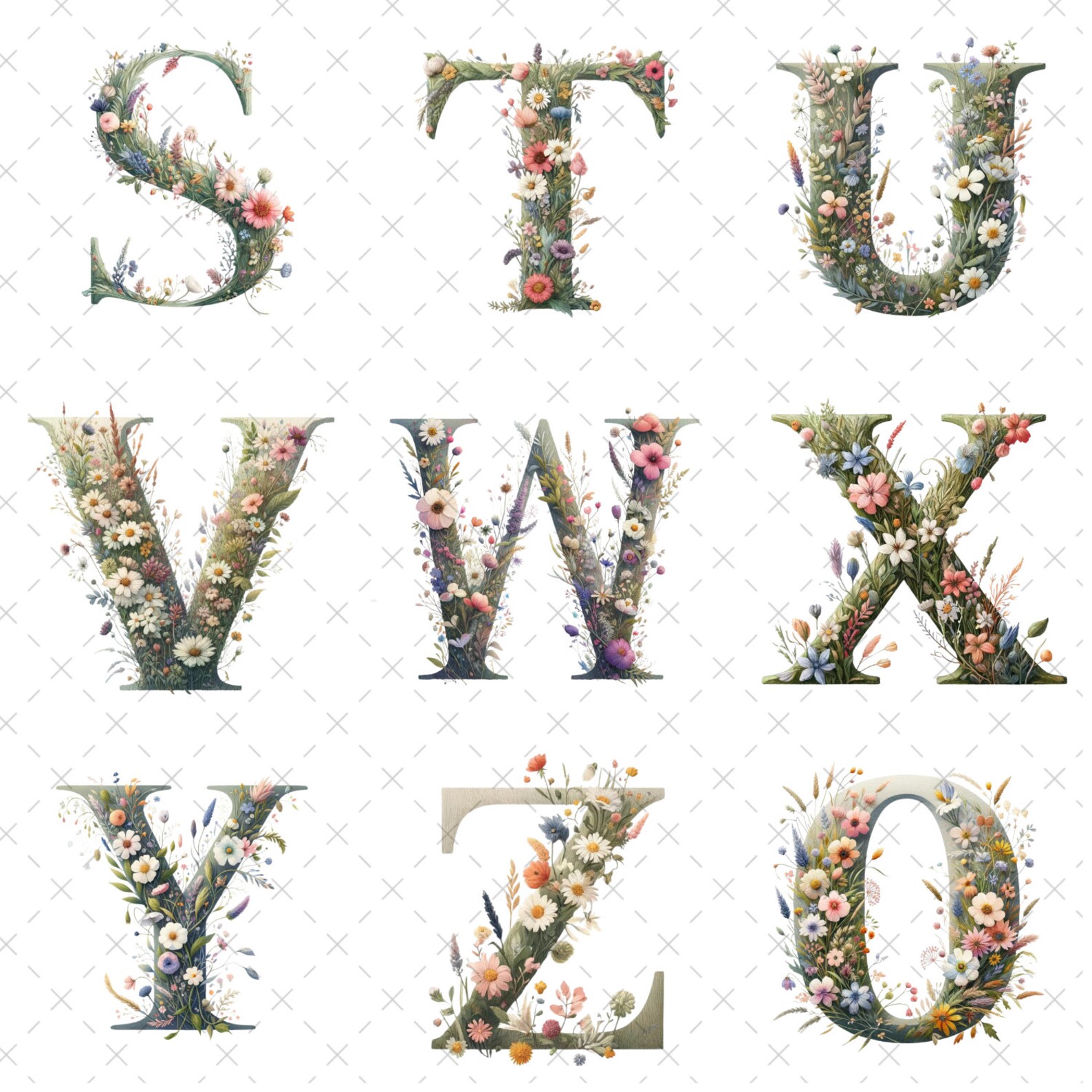 Wild Flower Alphabet Clip Art Watercolor Letter PNG Floral Alphabet ...