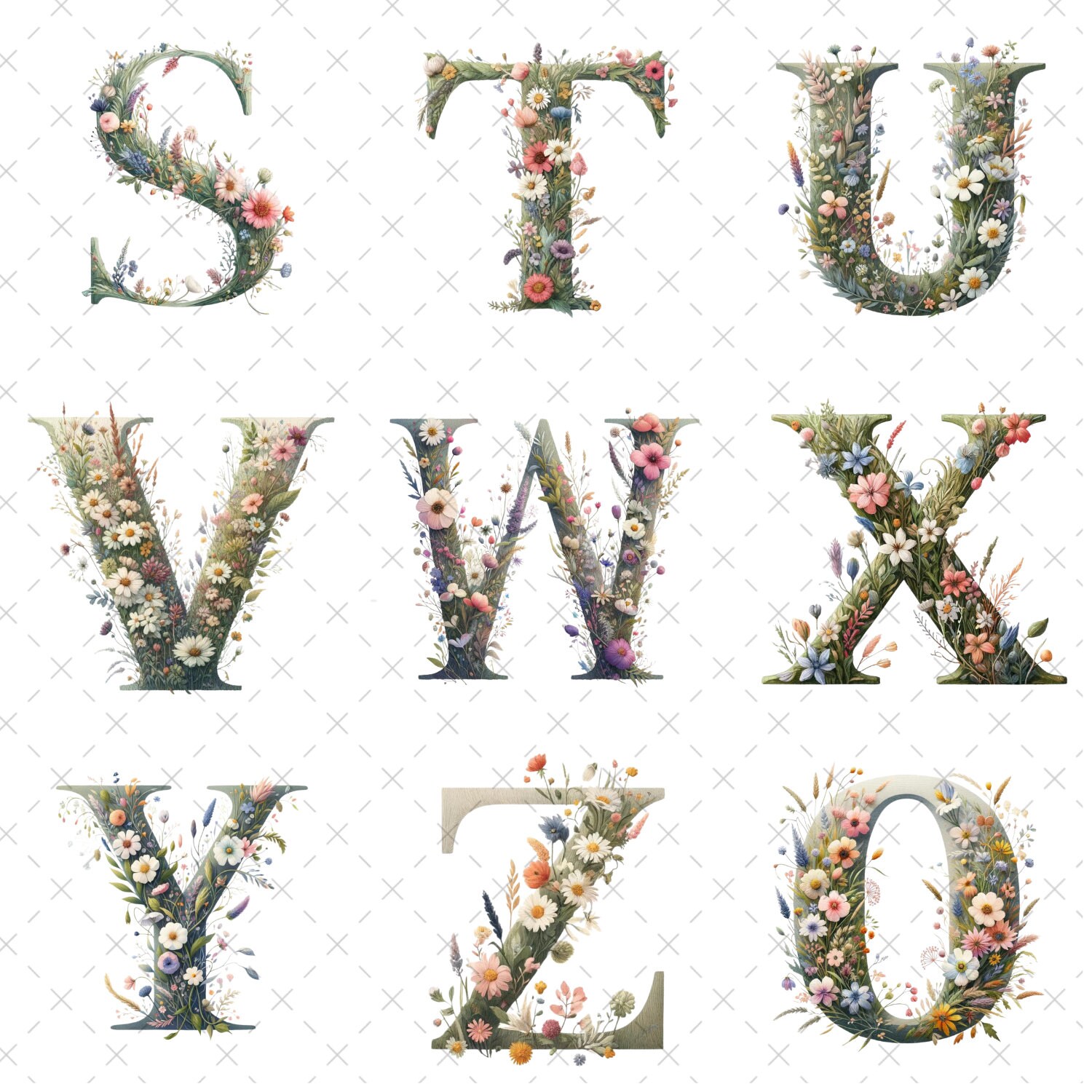Wild Flower Alphabet Clip Art Watercolor Letter PNG Floral Alphabet ...