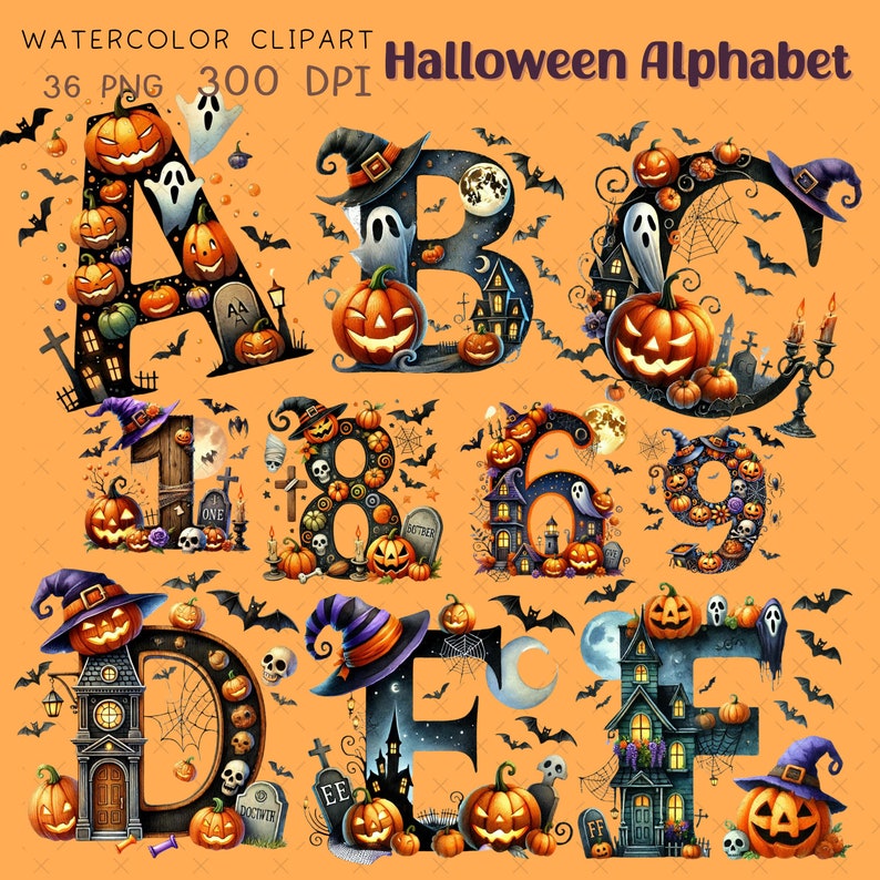 Halloween Alphabet Clipart Letter and Number Png Watercolor Cute ...