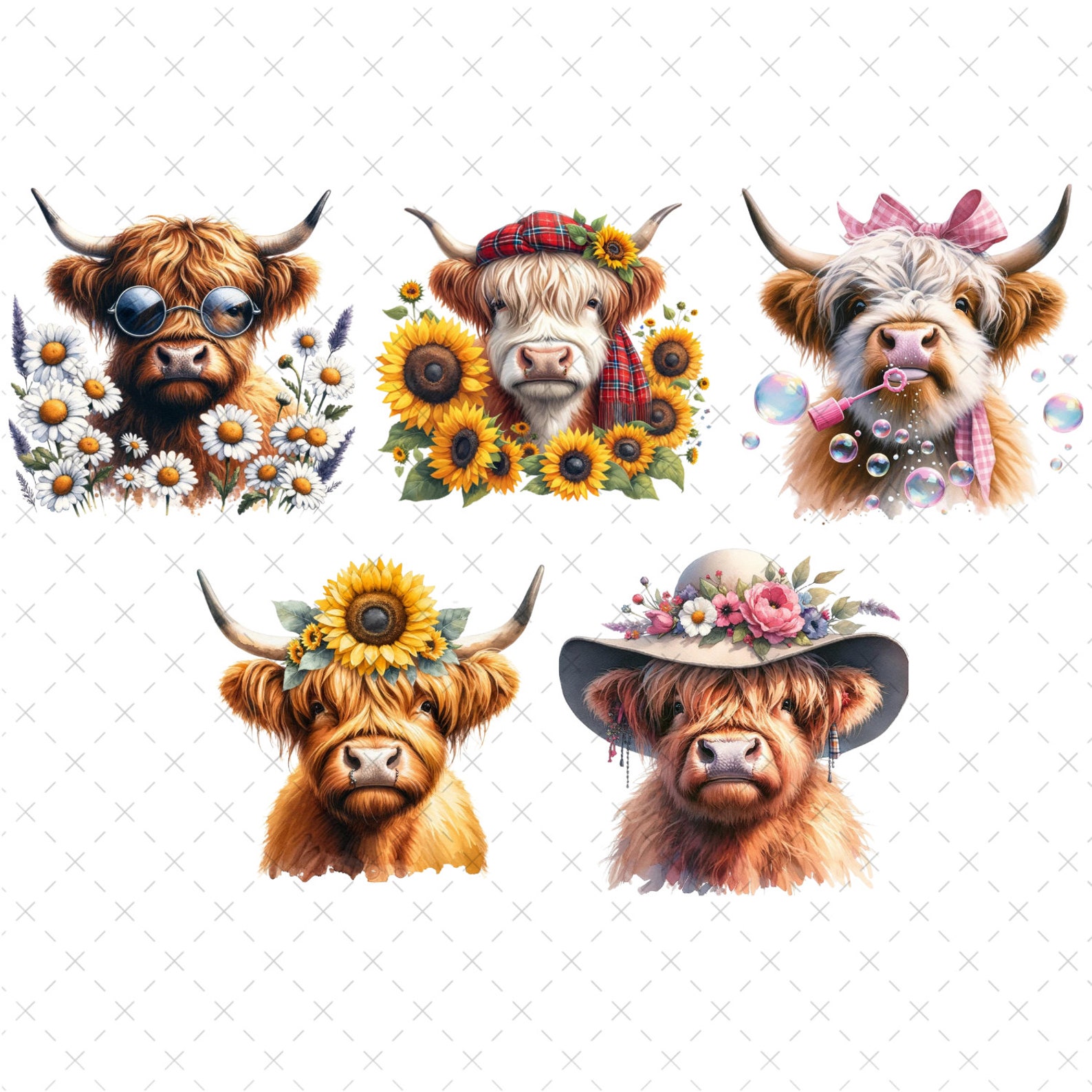 Spring Highland Cow Clipart Highland Cow Sublimation Watercolor ...