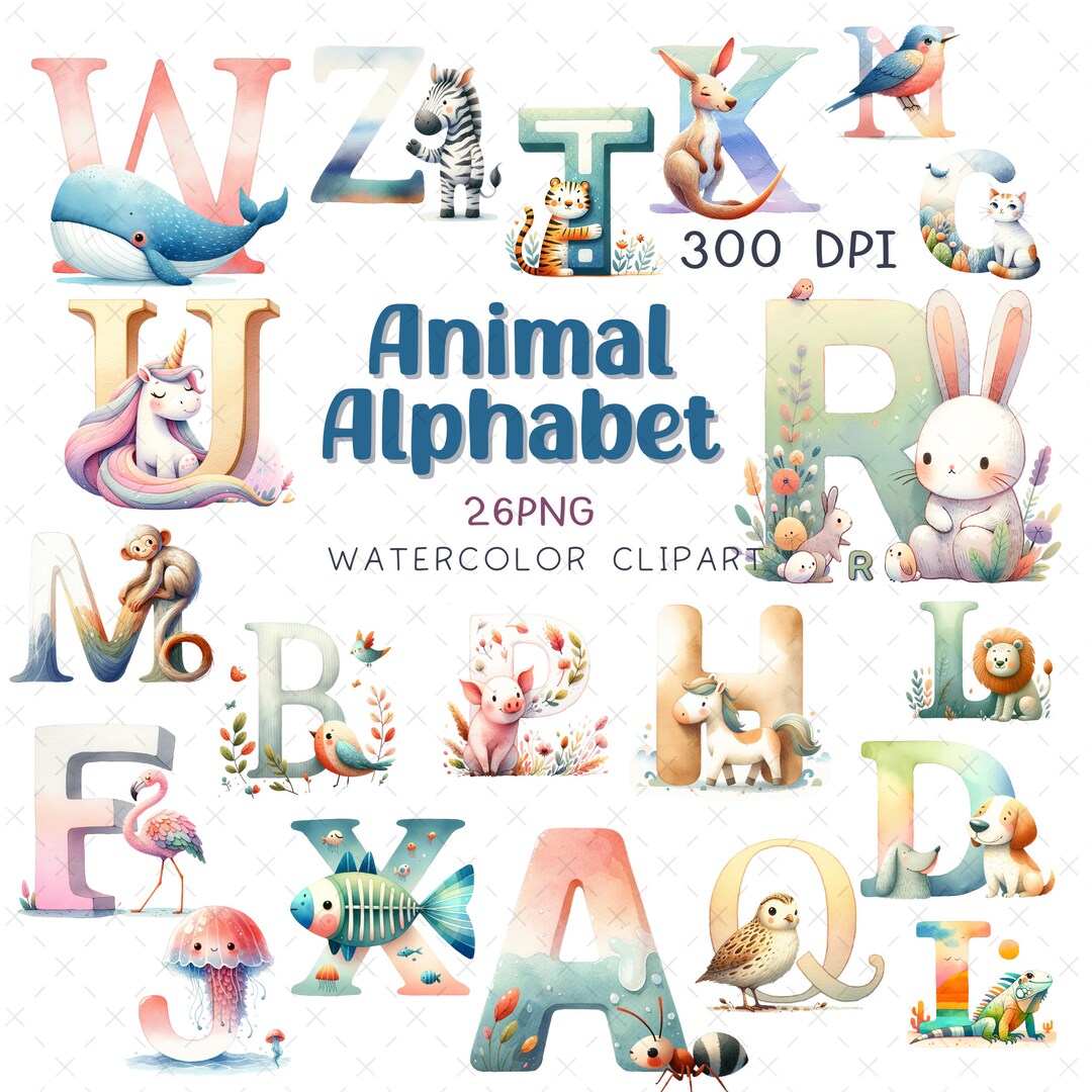 Animal Alphabet Clip Art Watercolor Letter PNG My First Alphabet Image ...