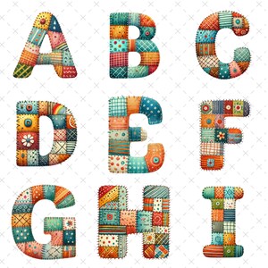 Patchwork Alphabet A-Z Clip Art Watercolor Alphabet Image Files Fabric ...