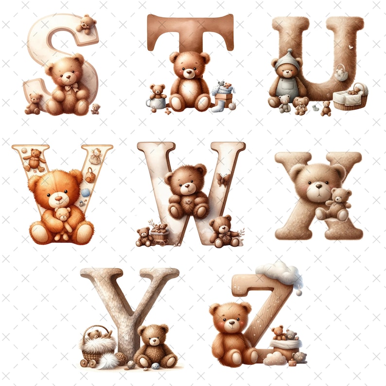 Watercolor Teddy Bear Alphabet Clipart: Nursery Art (PNG Digital ...