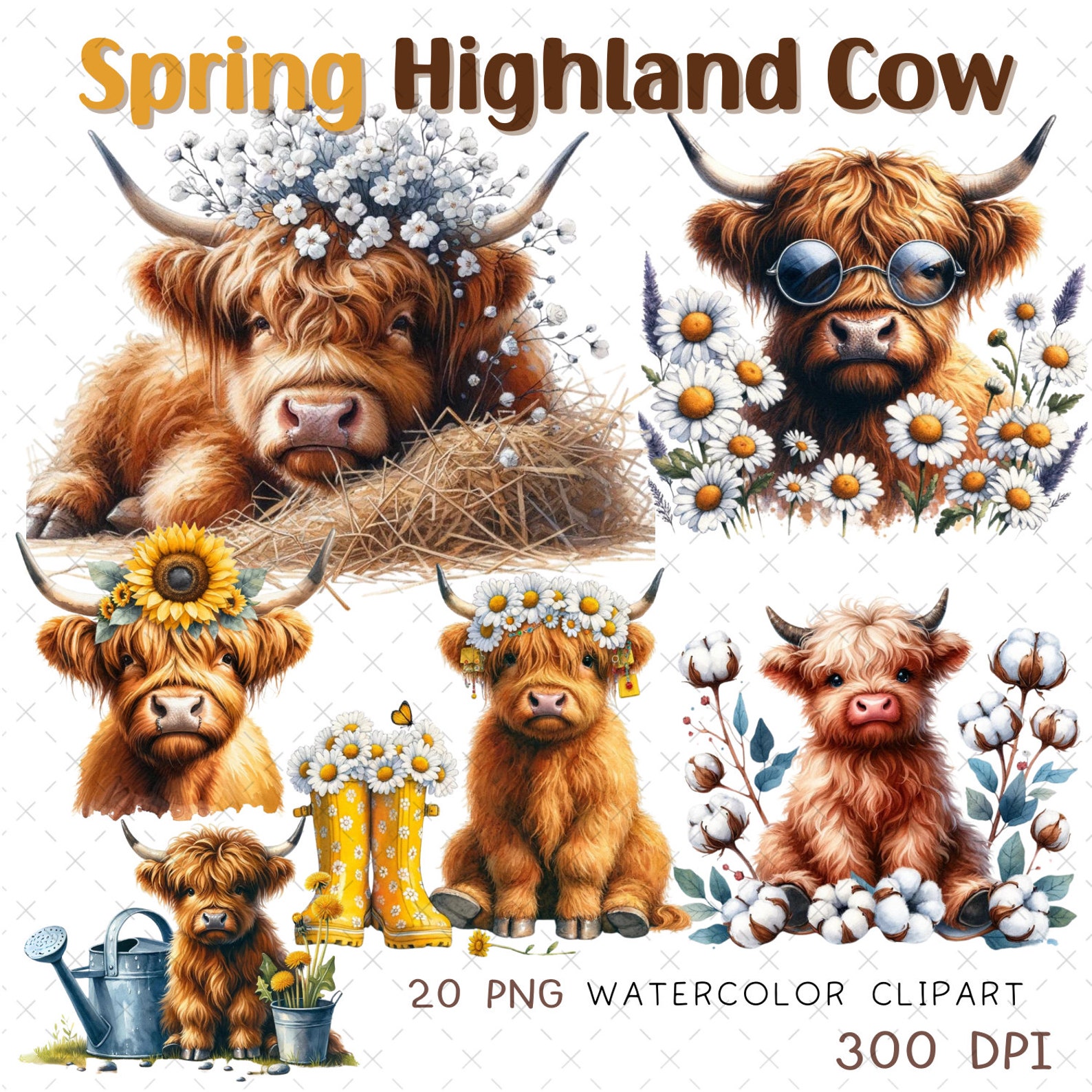 Spring Highland Cow Clipart Highland Cow Sublimation Watercolor ...