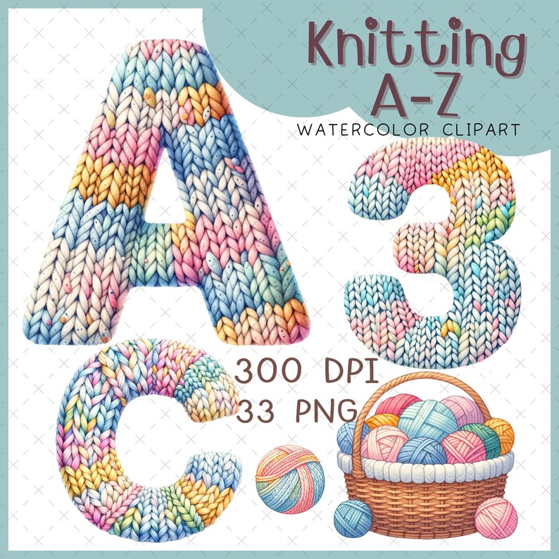 Knitting Alphabet A-Z Clip Art Watercolor Alphabet Image Files Knitted ...
