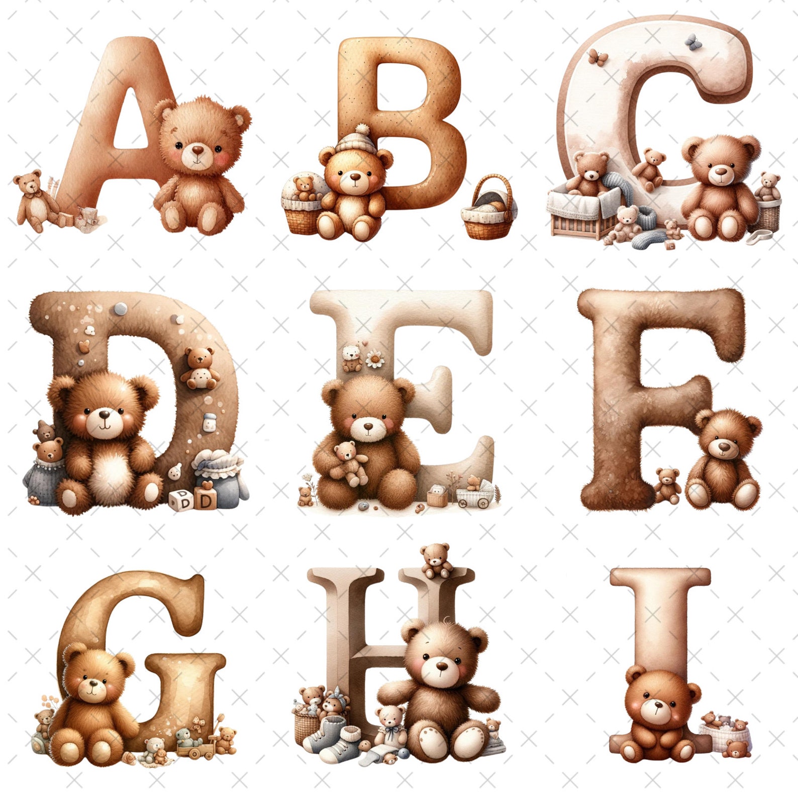 Watercolor Teddy Bear Alphabet Clipart: Nursery Art (PNG Digital ...