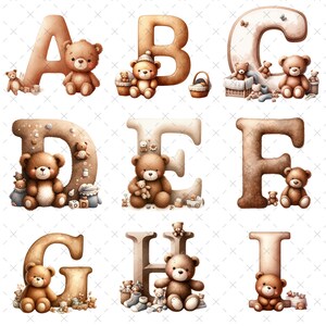 Natural Teddy Bear Alphabet Clipart Letter and Number Png Watercolor ...