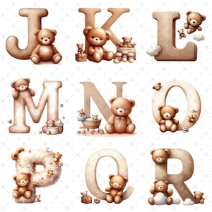 Natural Teddy Bear Alphabet Clipart Letter and Number Png Watercolor ...