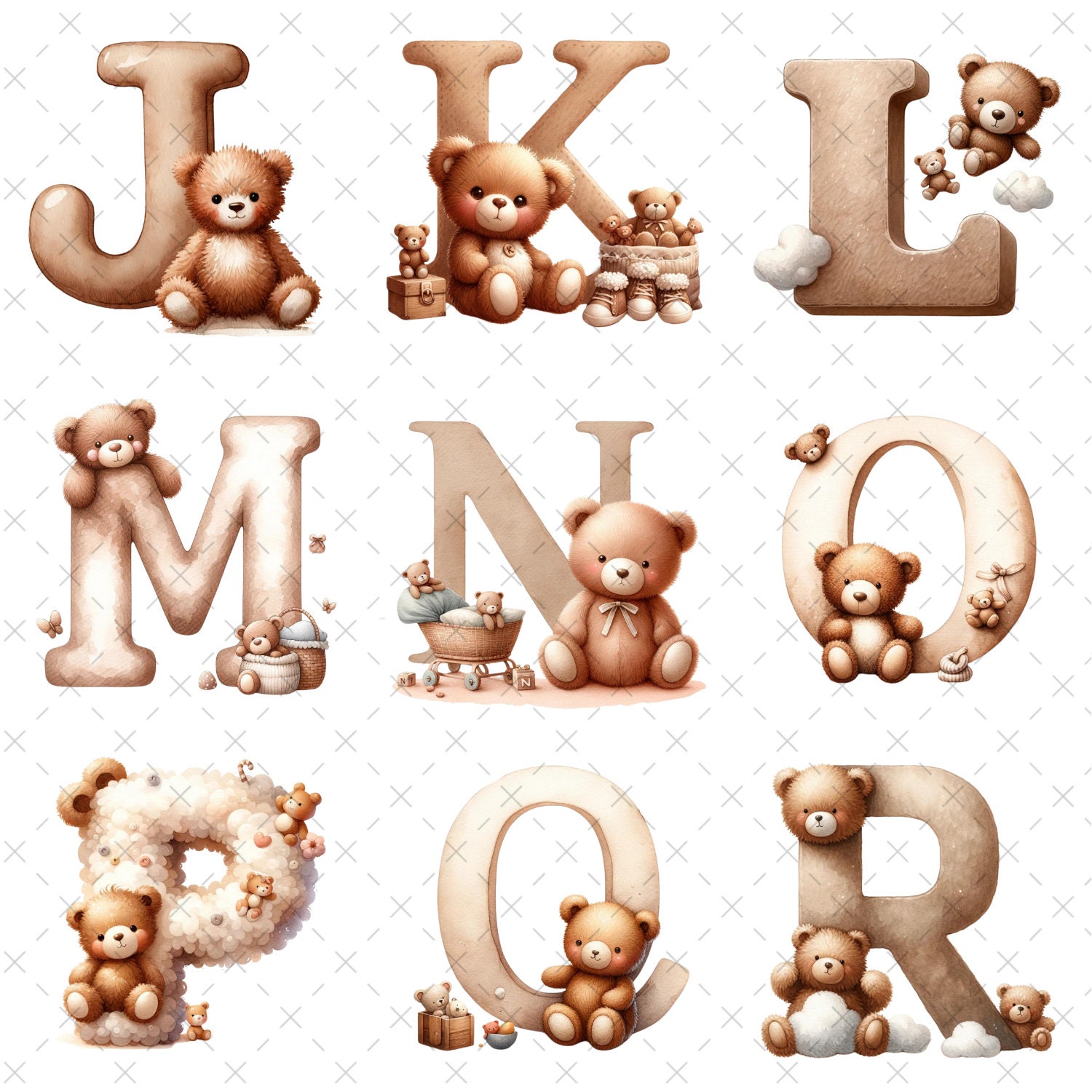 Watercolor Teddy Bear Alphabet Clipart: Nursery Art (PNG Digital ...