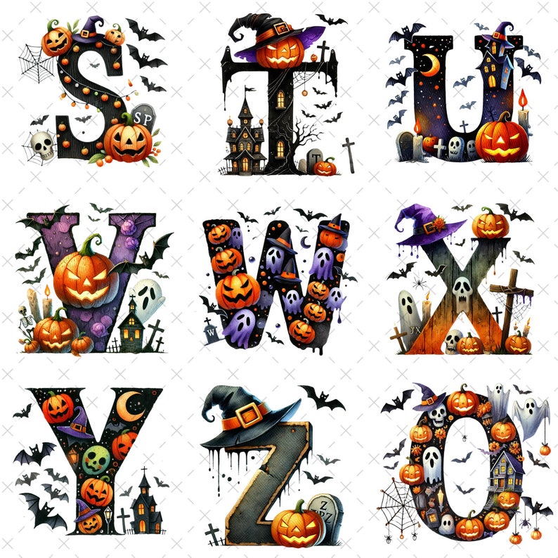 Watercolor Halloween Alphabet Clipart: Spooky Letters & Numbers (PNG ...