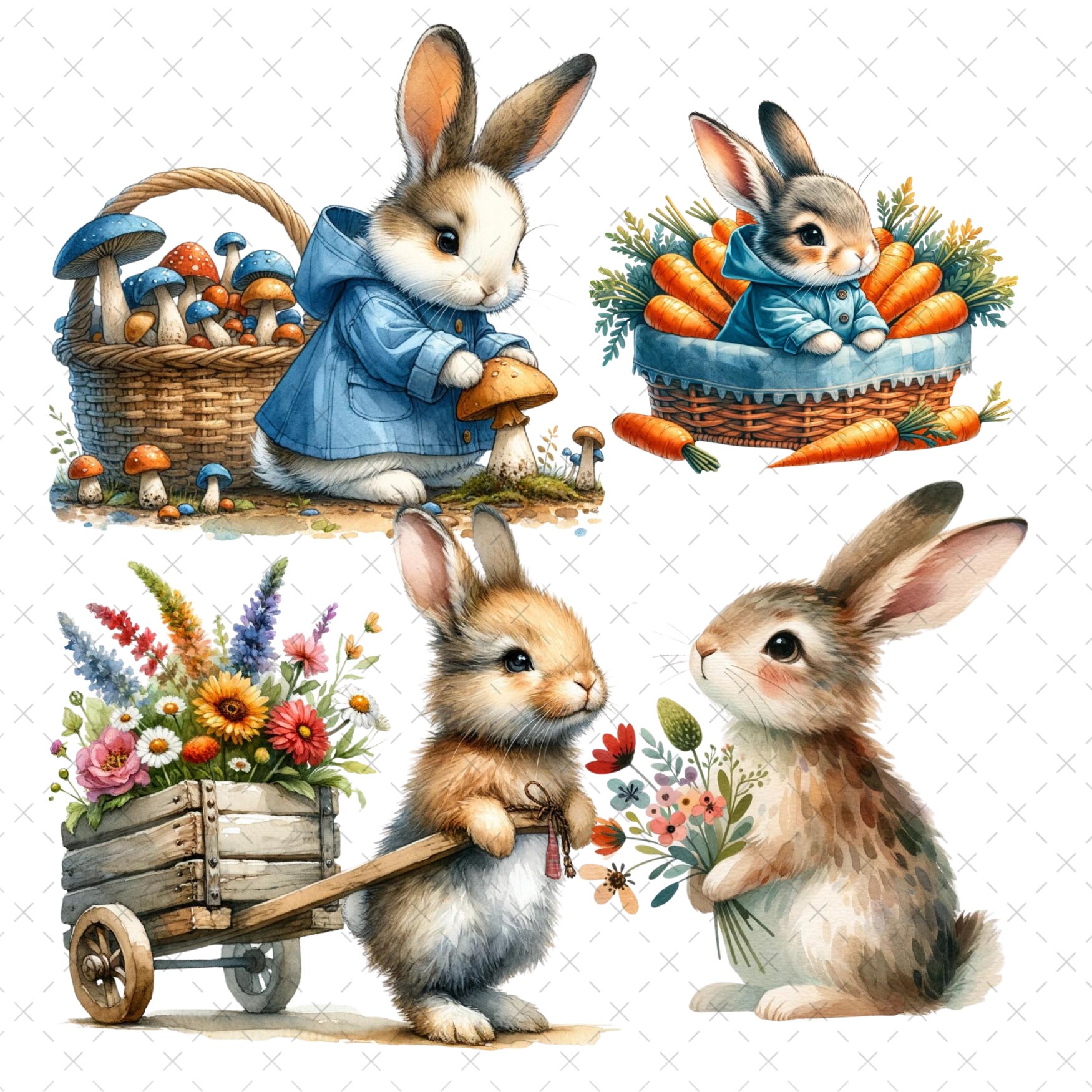 Cute Bunnies Watercolor Clipart Rabbit Easter PNG Nursery Wall Art ...