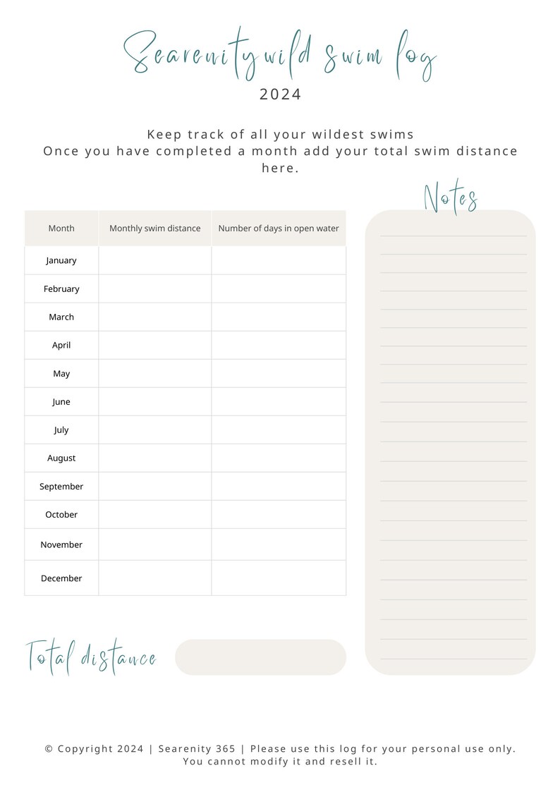 Yearly Wild Swim Log, Printable PDF, 366 Days, 12 Months - Etsy