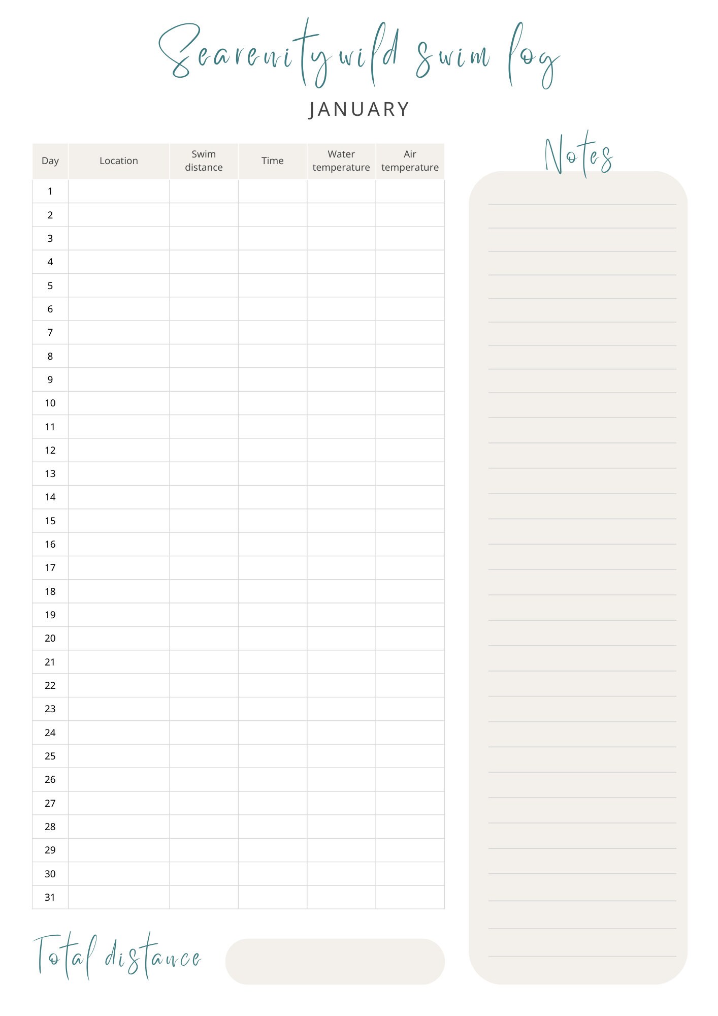Yearly Wild Swim Log, Printable PDF, 366 Days, 12 Months - Etsy