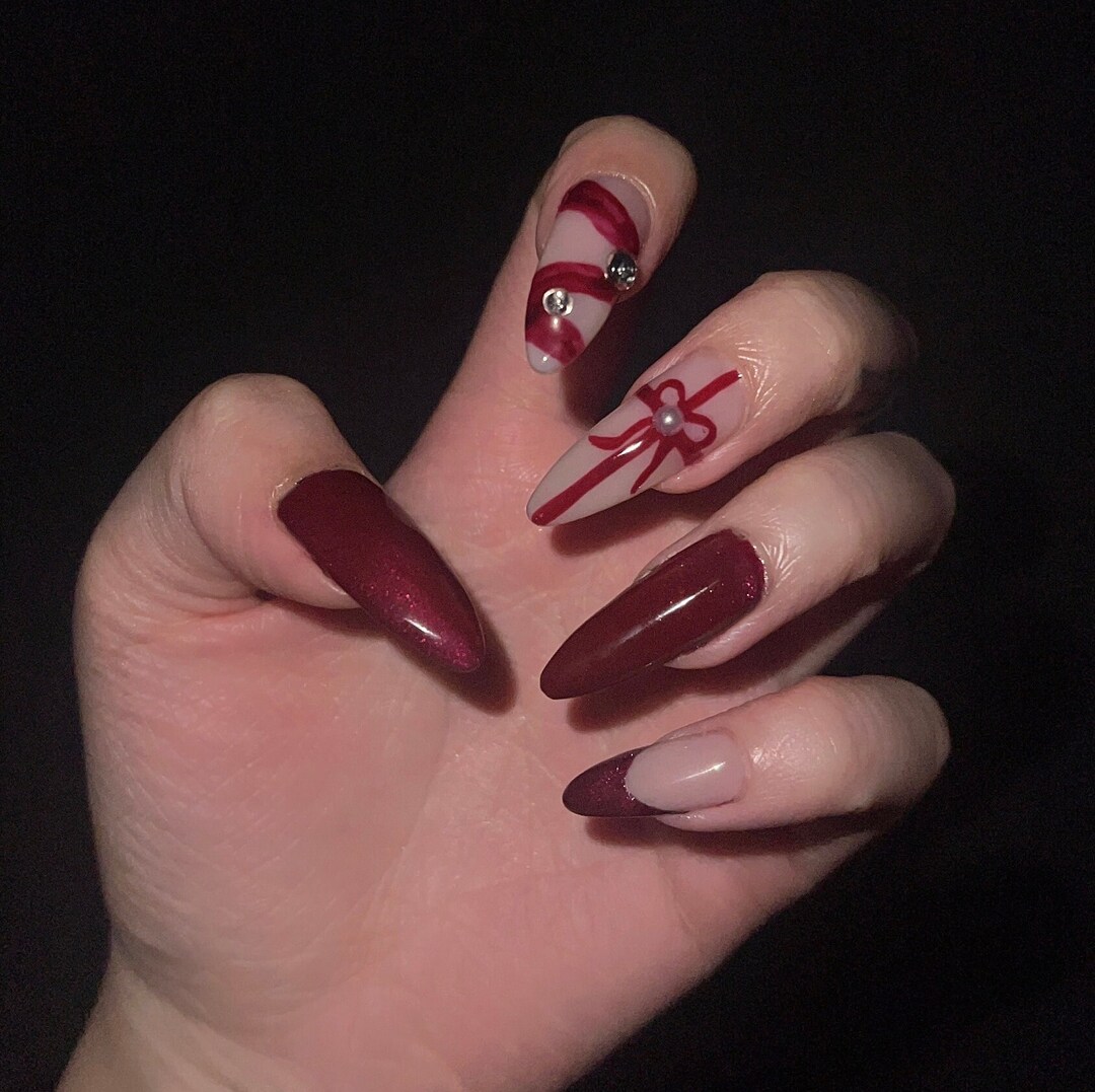 Ruby Red French Nails / Japanese Nails / Luxury Elegant Ribbons and ...