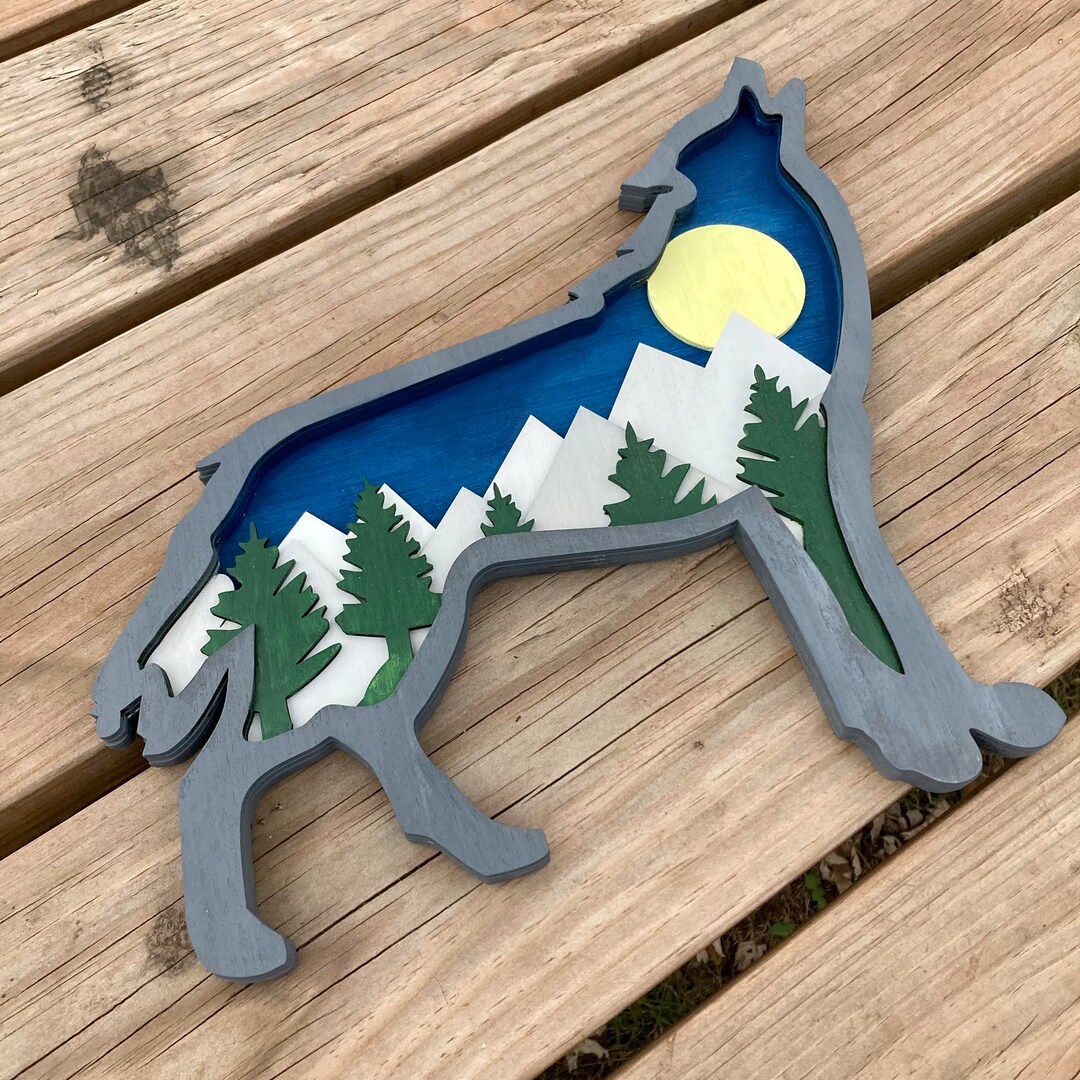 3D Layered Wood Wolf Art, Decorative 3D Art, Wolf Howl Wall Art, 3D ...