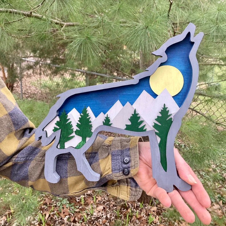 3D Layered Wood Wolf Art, Decorative 3D Art, Wolf Howl Wall Art, 3D ...