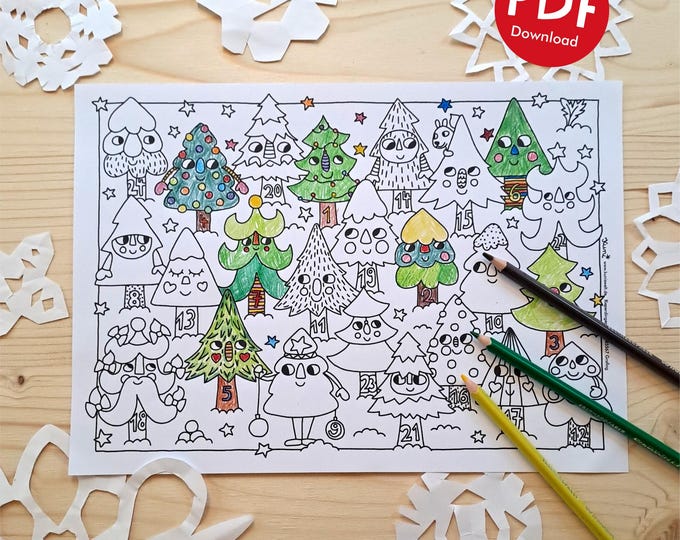 Printable Advent Calendar for Kids – Christmas Trees – A4 PDF Coloring ...