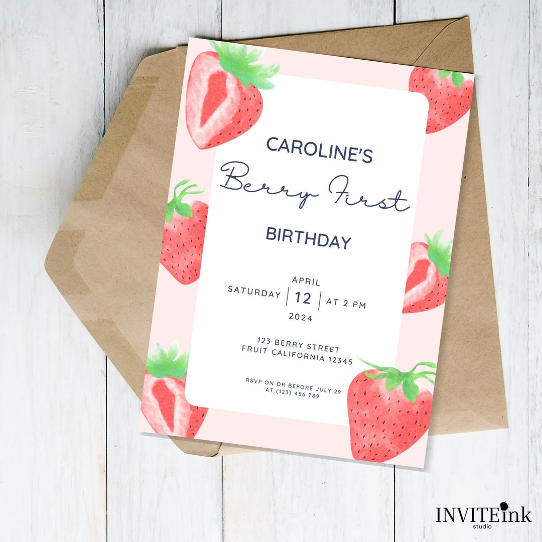 Berry 1st Birthday Strawberry Digital Canva Template | Berry Cute ...