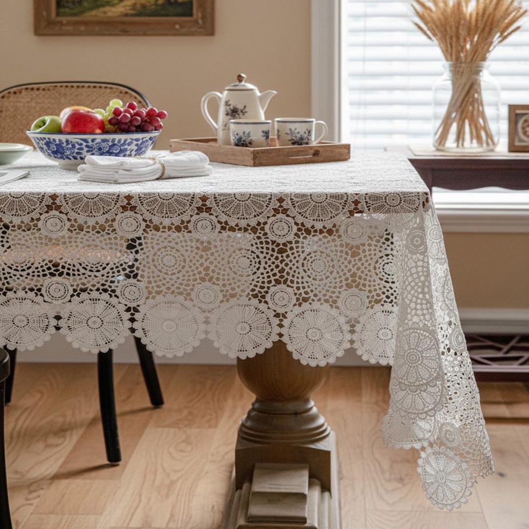 White Lace Tablecloth for Dining Table, Vintage Crochet Table Cover ...