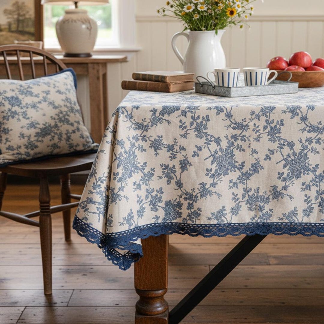 French Blue Floral Dinning Tablecloth With Lace Trim Vintage Cottage ...