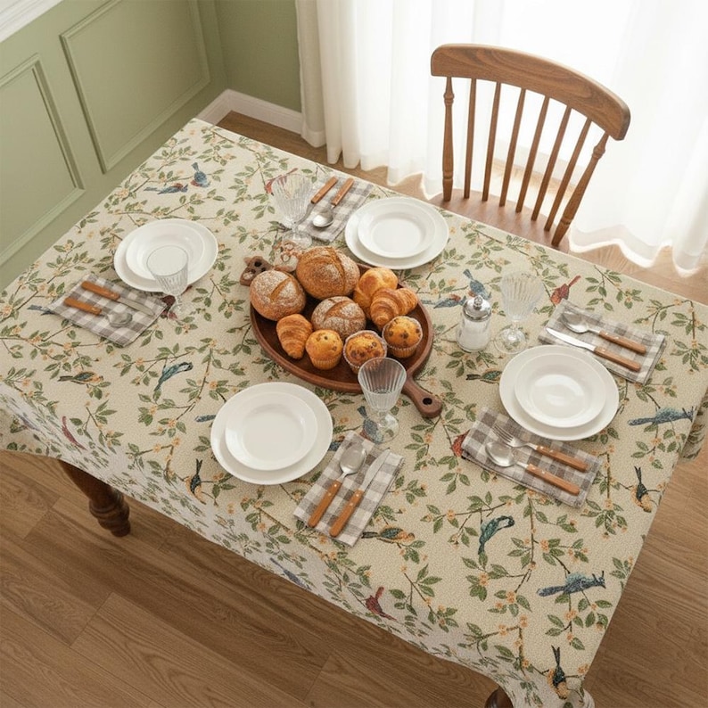 Vintage Bird Botanical Tablecloth, Cotton Linen Rectangular Dining ...