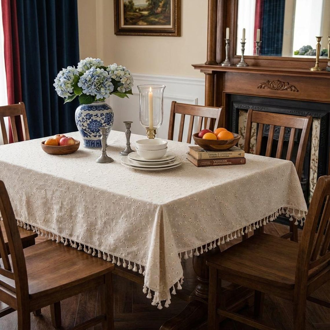 Vintage Beige Daisy Floral Embroidery Tablecloth With Tassel Trim ...