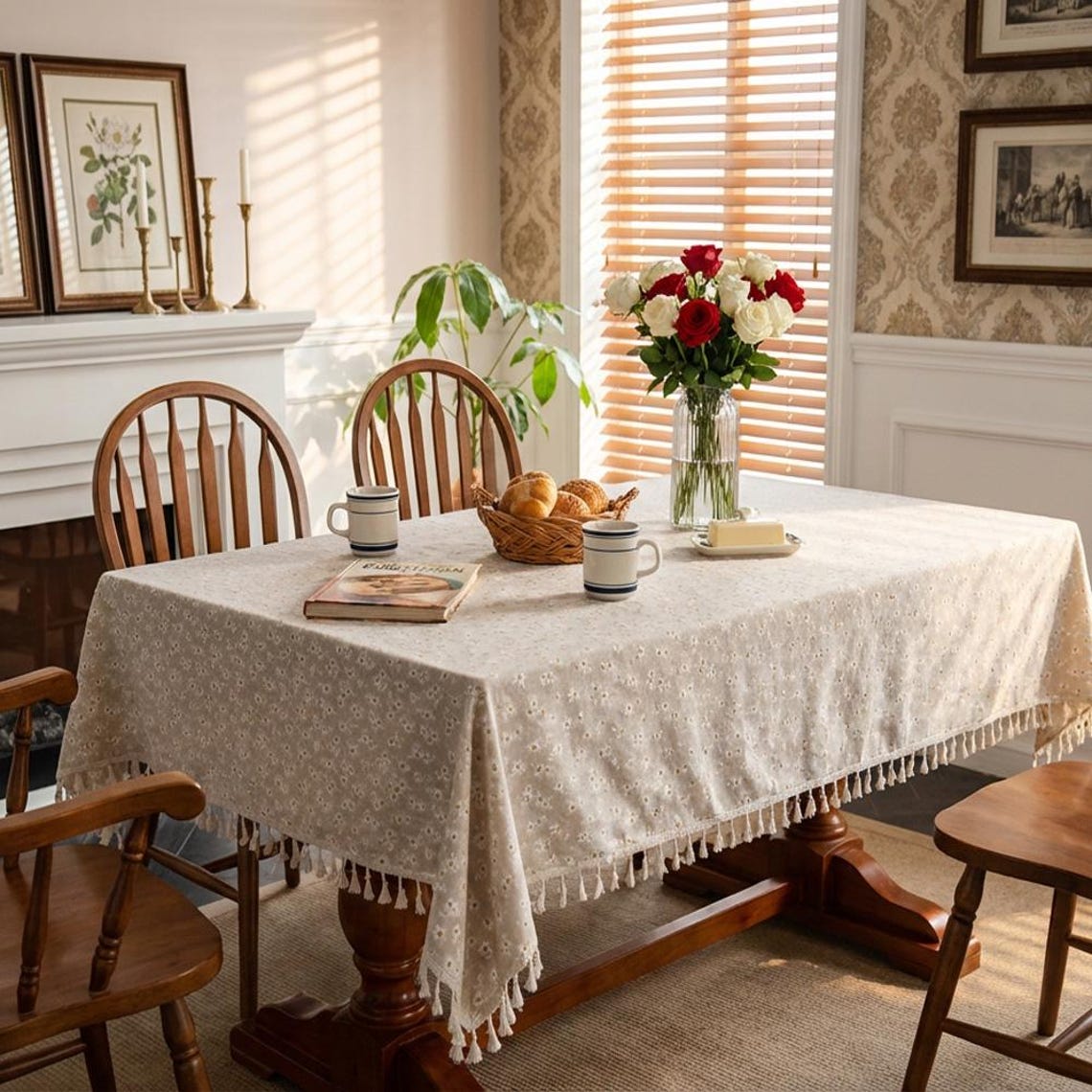 Vintage Beige Daisy Floral Embroidery Tablecloth With Tassel Trim ...