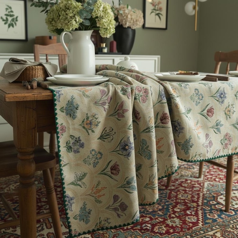Vintage Floral Block Print Tablecloth, Green Trim, Handmade Cotton ...