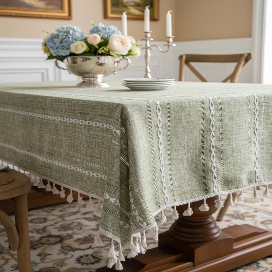 Green Linen Tablecloth With White Diamond Embroidery and Tassels ...