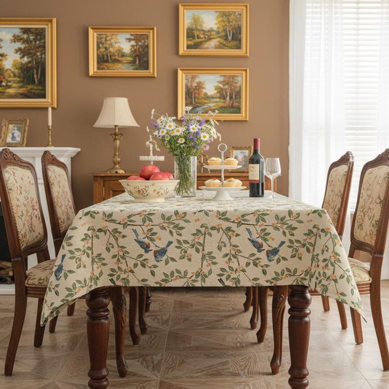 Vintage Bird Botanical Tablecloth, Cotton Linen Rectangular Dining ...